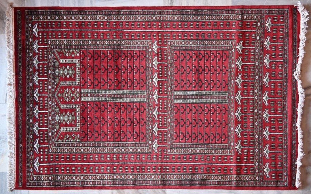 Antique Look, Handwoven Red Bukhara Rug Featuring Geometric Gul Motifs ...