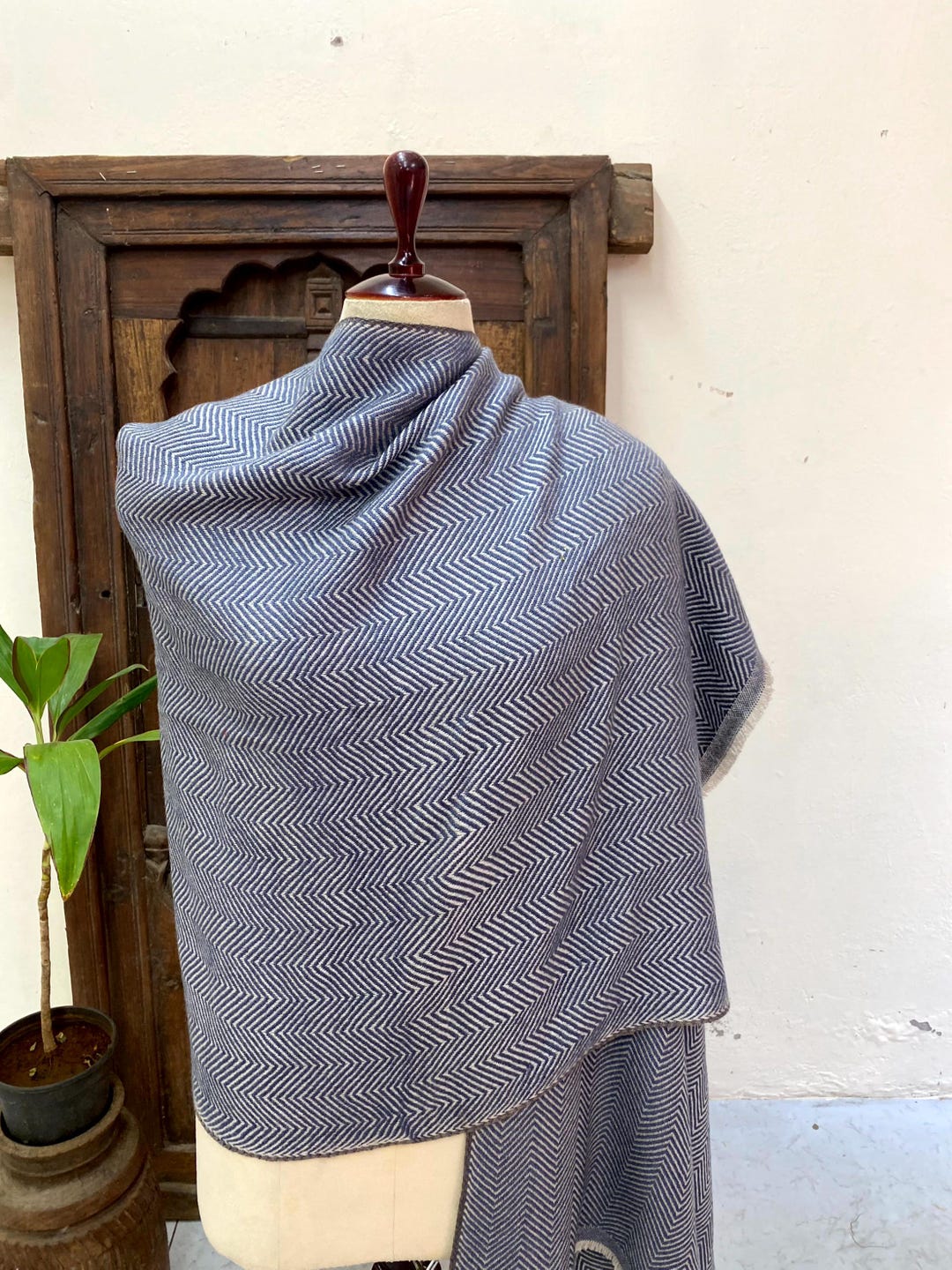 White and Stone Blue Color With Grey Border Zig Zac Shawl, Soft Shawl ...