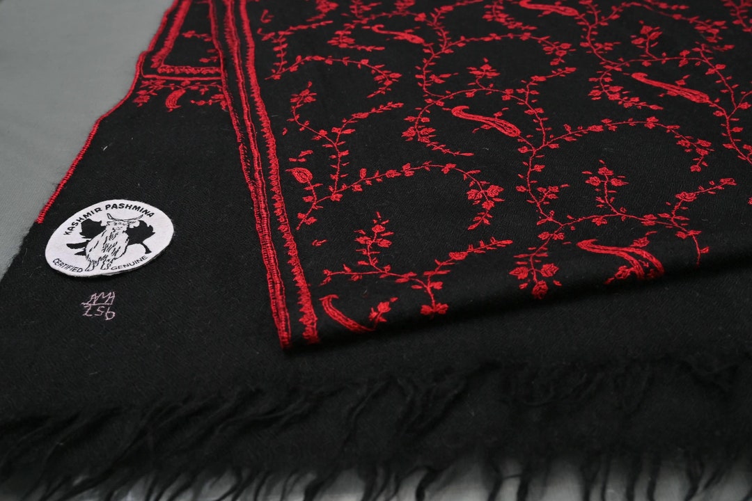 Black Pashmina, Ruby Red, Hand Embroidery, Designer Wrap, Floral ...