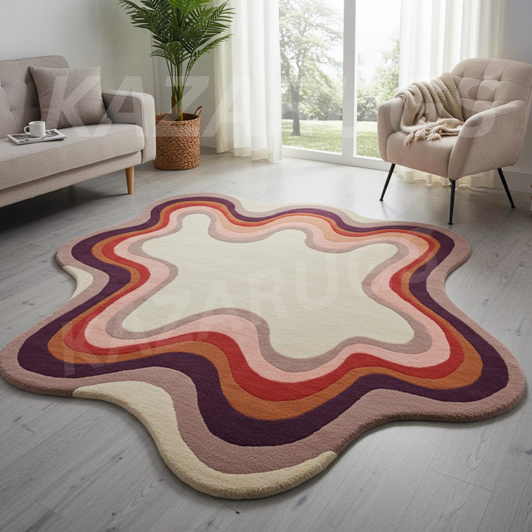 Retro Wavy Hand-tufted Wool Rug Groovy Wave Design Irregular Shape Warm ...