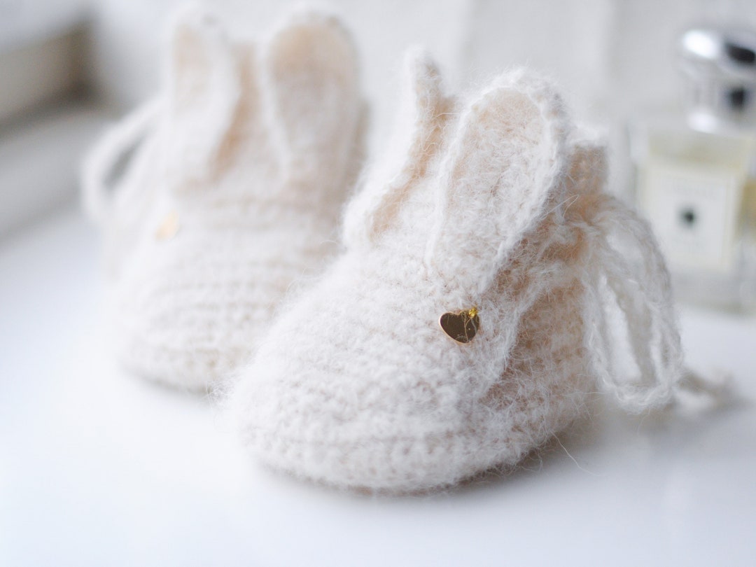 Crochet Baby Bunny Shoes, Baby Booties, Fluffy Baby Booties, Baby Girl ...