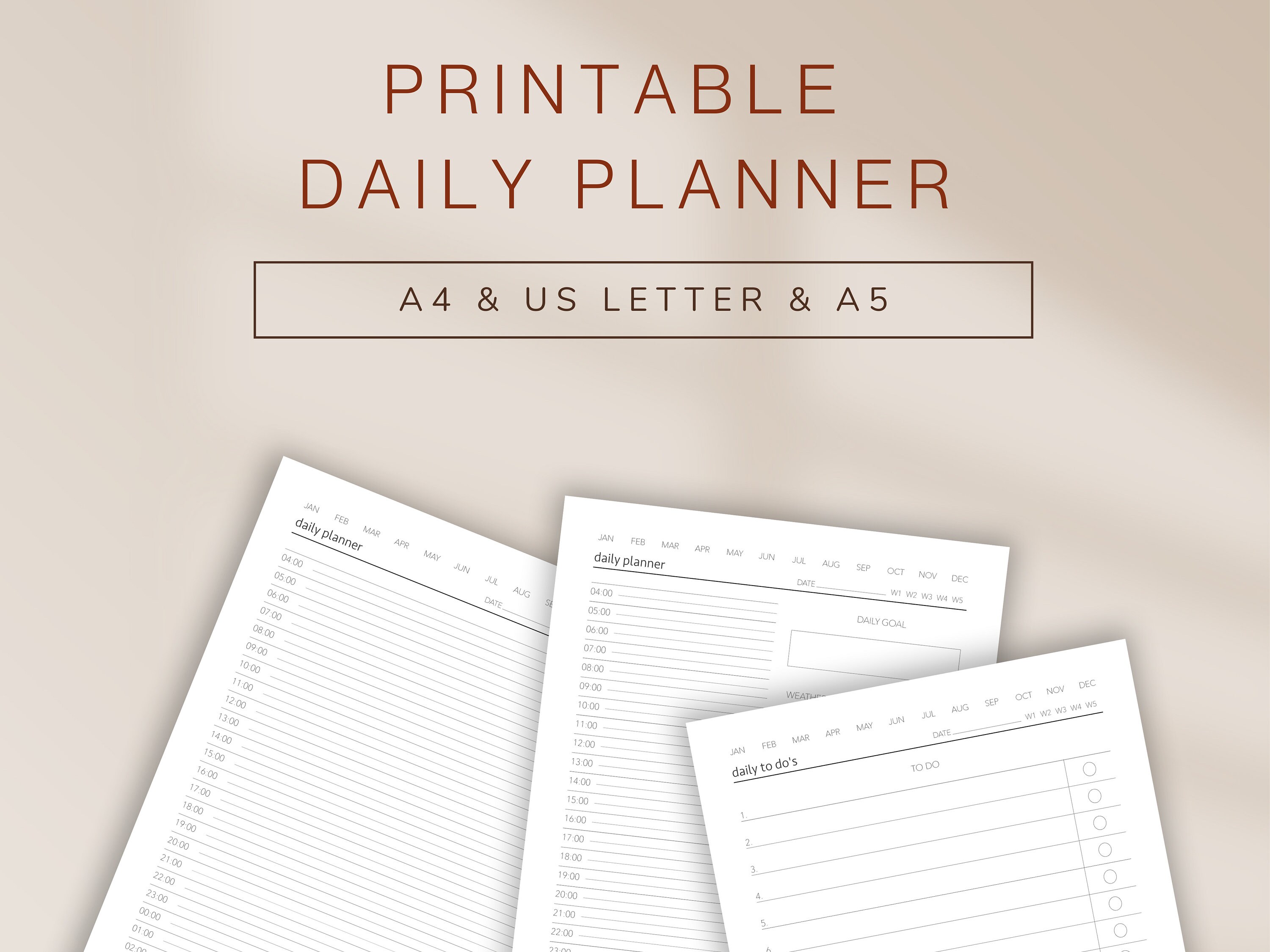 Printable Daily Planner Hourly Planner A4 A5 Letter Minimalist 24 Hour ...