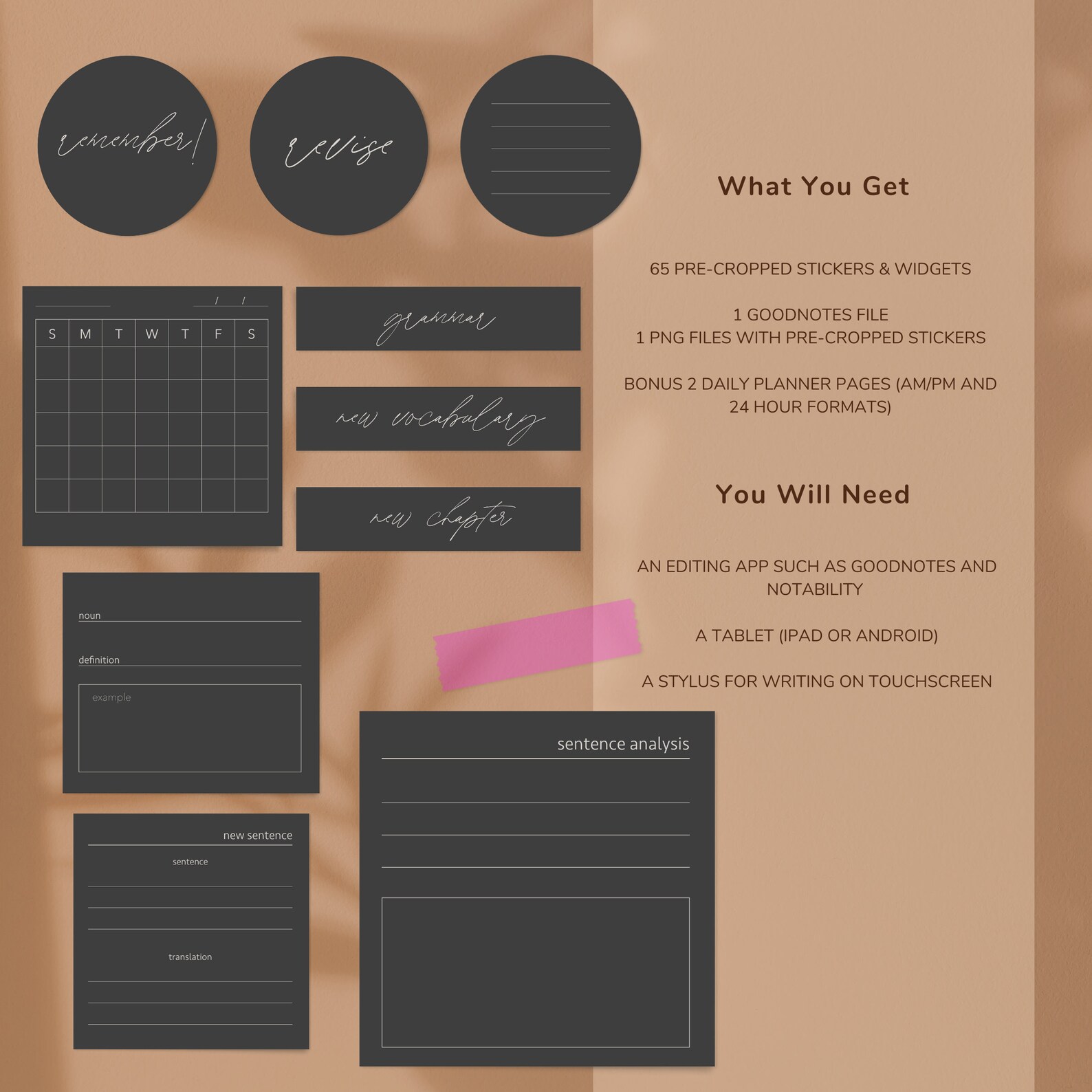 Dark Mode Language Learning Digital Stickers Vocabulary Grammar Synonym ...