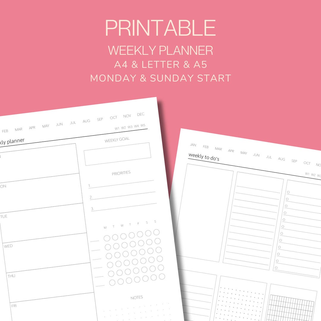Printable Weekly Planner Insert, Sunday Start, Monday Start, A4, A5 ...