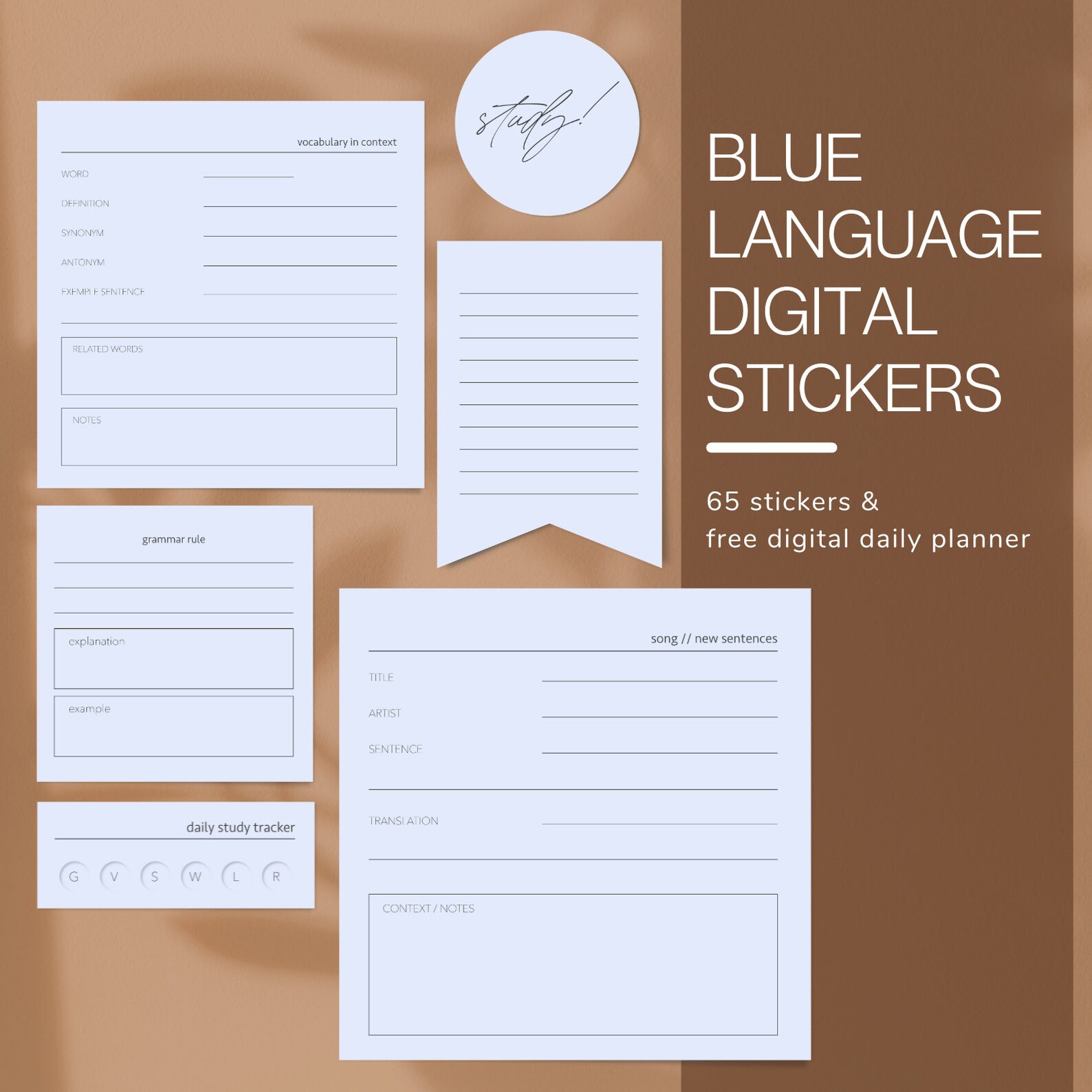 Blue Language Learning Digital Stickers Vocabulary Grammar Synonym ...