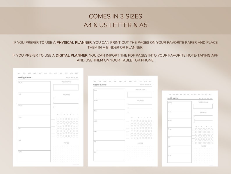 Printable Weekly Planner Insert, Sunday Start, Monday Start, A4, A5 ...