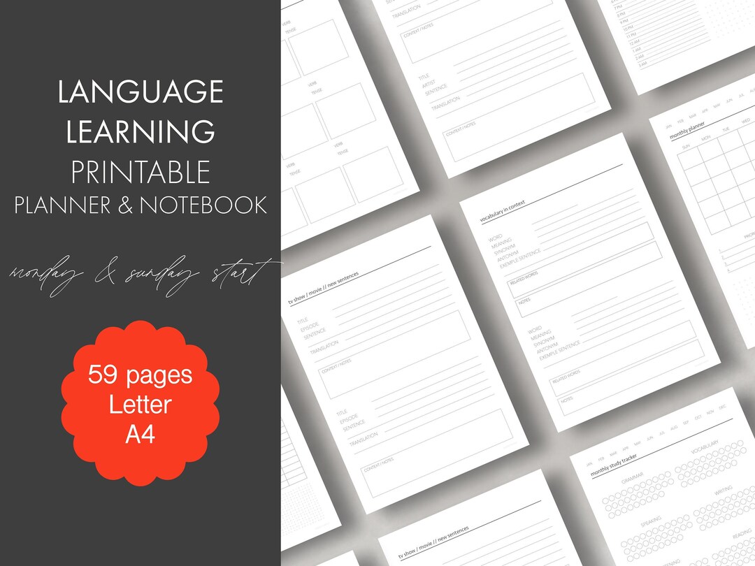 Printable Language Learning Planner PDF Notebook Vocabulary Grammar ...