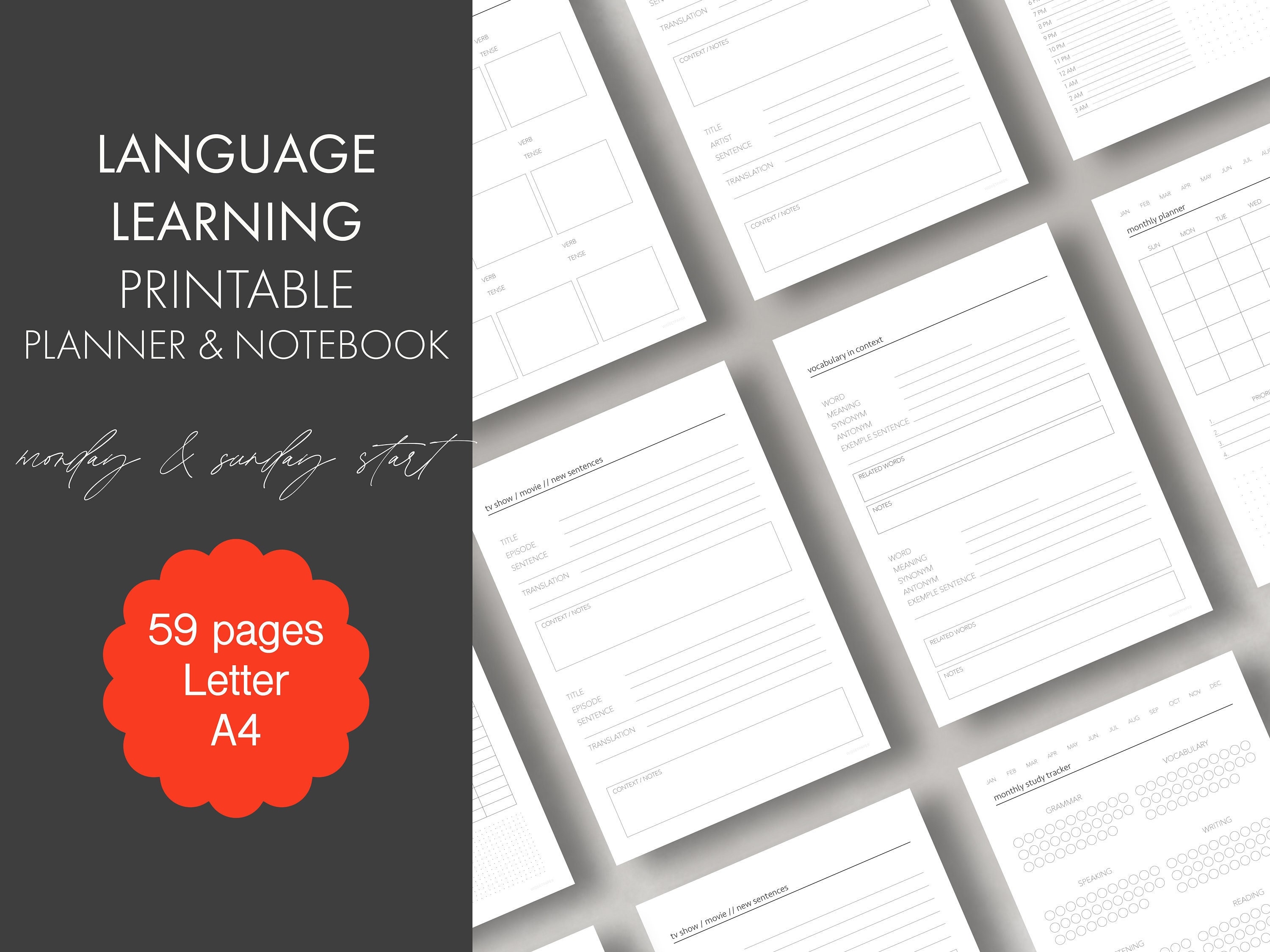 Printable Language Learning Planner PDF Notebook Vocabulary Grammar ...