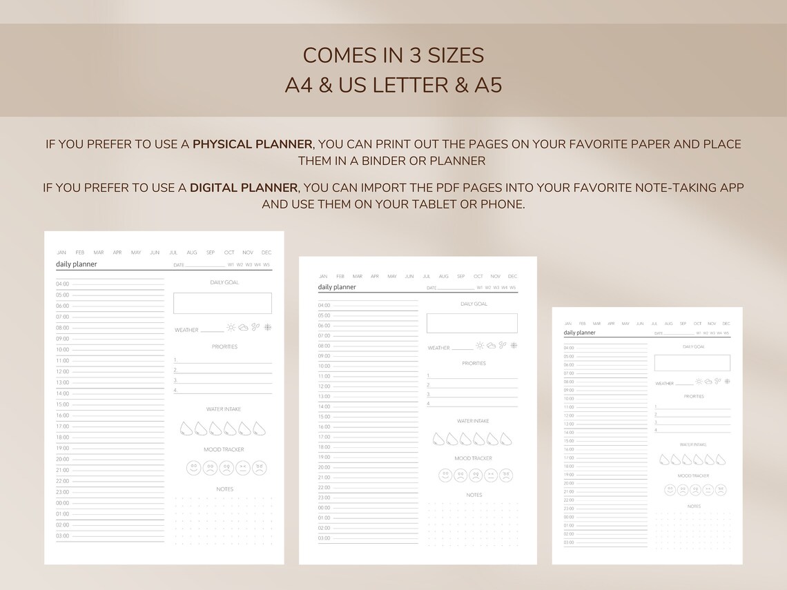 Printable Daily Planner Hourly Planner A4 A5 Letter Minimalist 24 Hour ...