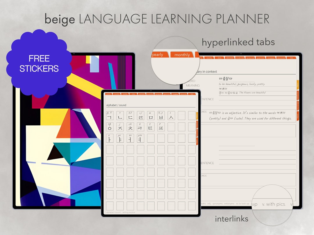 Beige Hyperlinked Language Learning Planner Workbook Vocabulary Notebook Digital Study Tracker ...