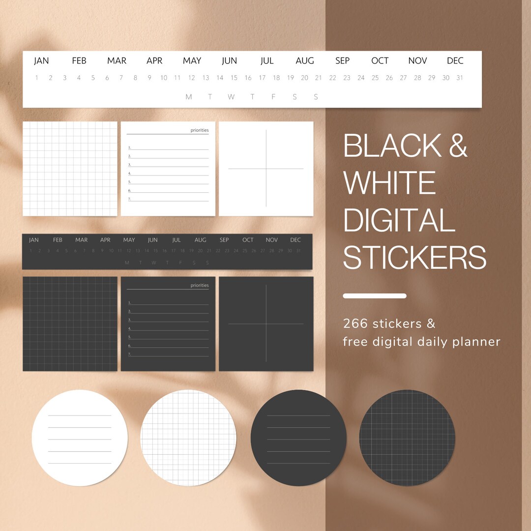 Minimalistic Black and White Digital Stickers Widgets Clean Modern ...