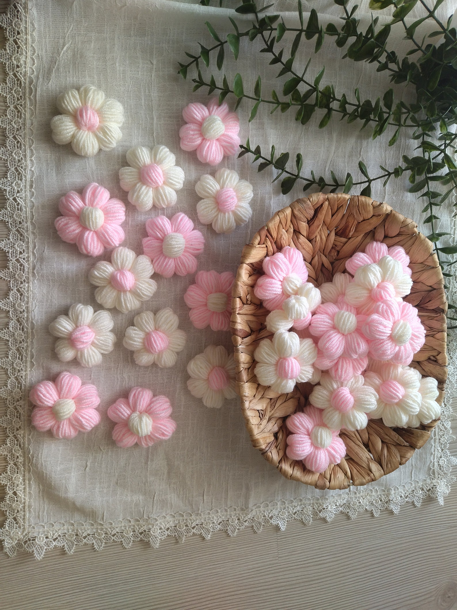 20 Pcs White-pink Crochet Daisy Applique,handcraft Flowers Patches ...