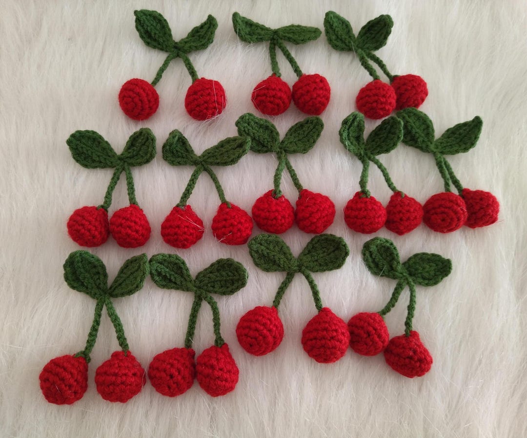 Cherry Applique, 3D Cherry Ornament, Crochet Red Cherry Embellishment ...