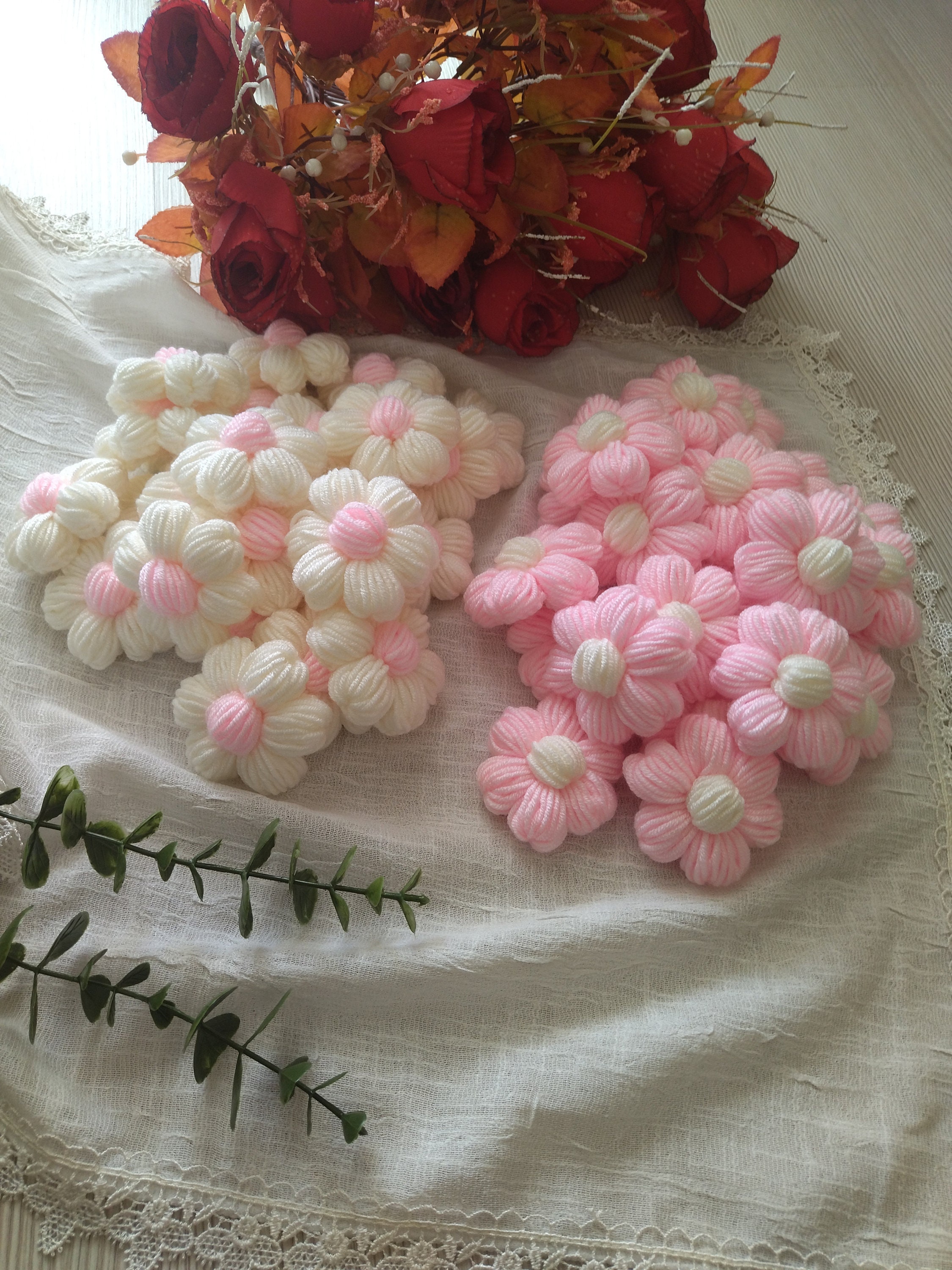 20 Pcs White-pink Crochet Daisy Applique,handcraft Flowers Patches ...