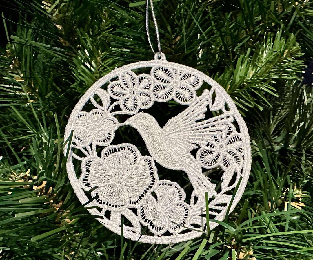 White Lace Hummingbird Ornament, Embroidered Bird and Flower Design ...