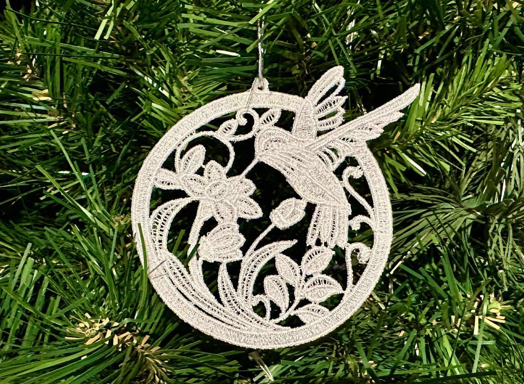 White Lace Hummingbird Ornament, Embroidered Bird and Flower Design ...