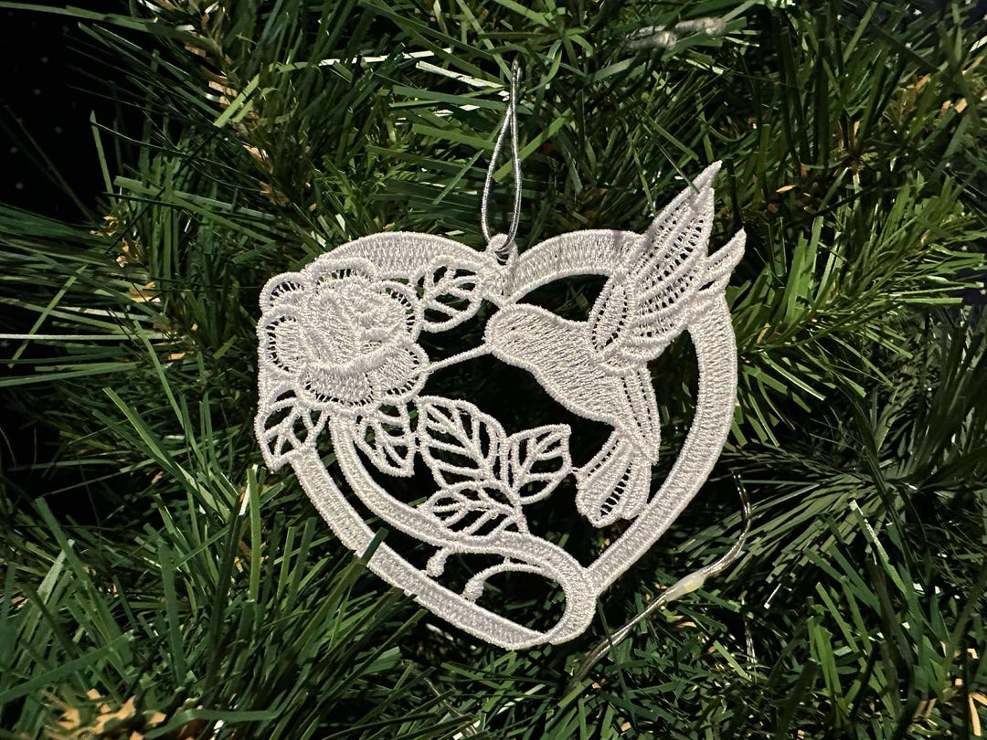 White Lace Hummingbird Heart Shaped Ornament, Embroidered Bird and ...