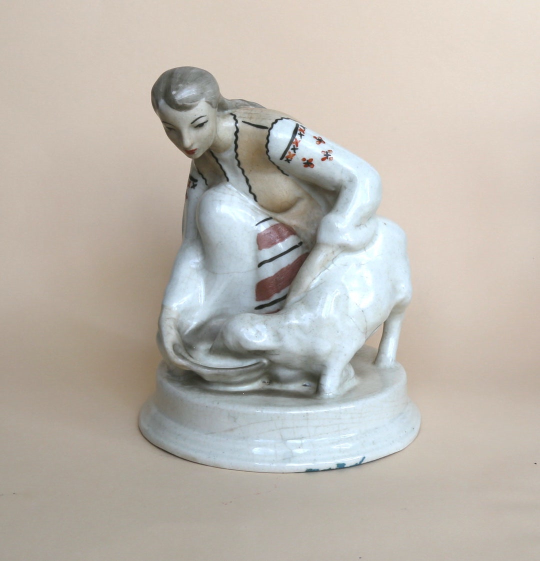 Faience Figurine Girl With a Lamb Plant of Glass and Majolica Products ...