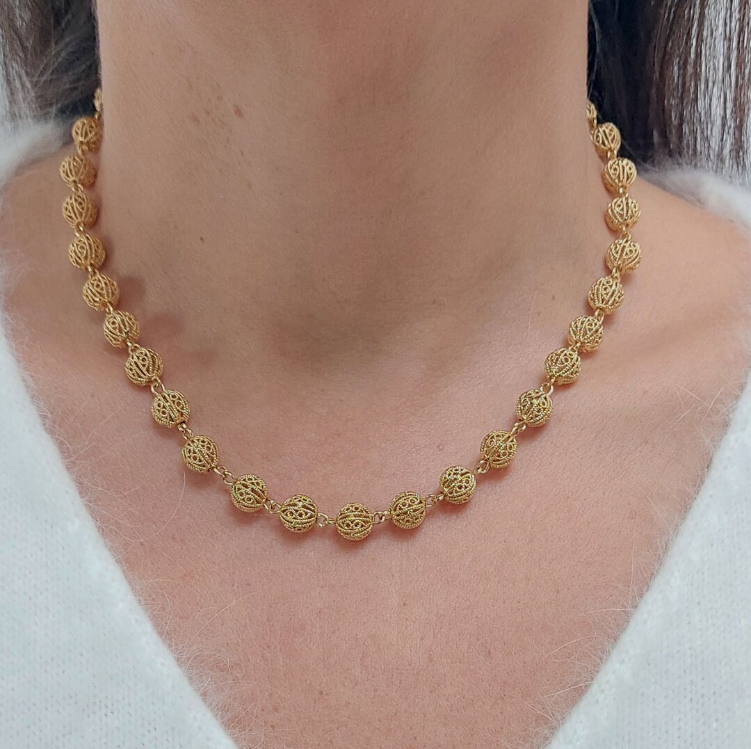 Gold Plated Steel Filigree Bead Necklace, Portuguese Design - Etsy