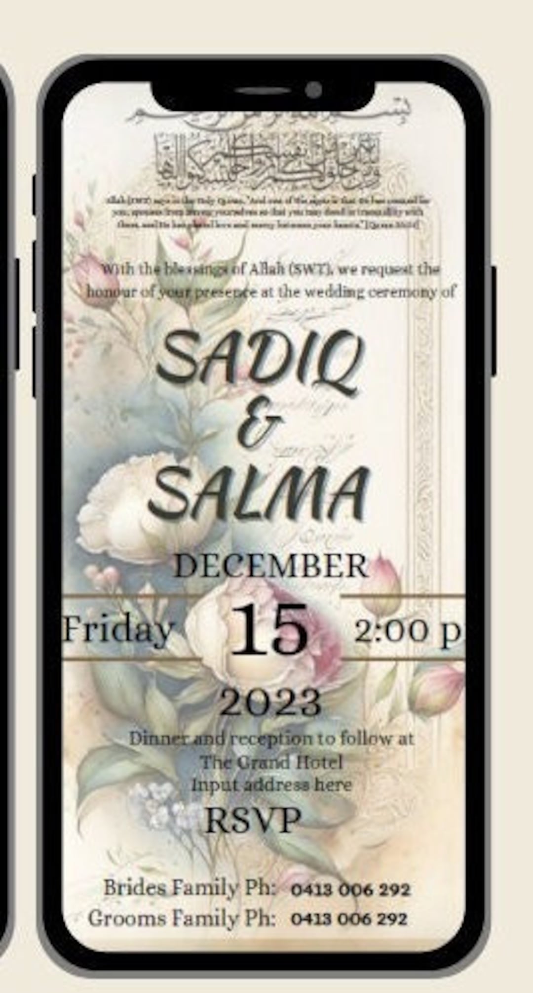 Digital Muslim Wedding Invitation Template, Beautiful, Floral Invite ...