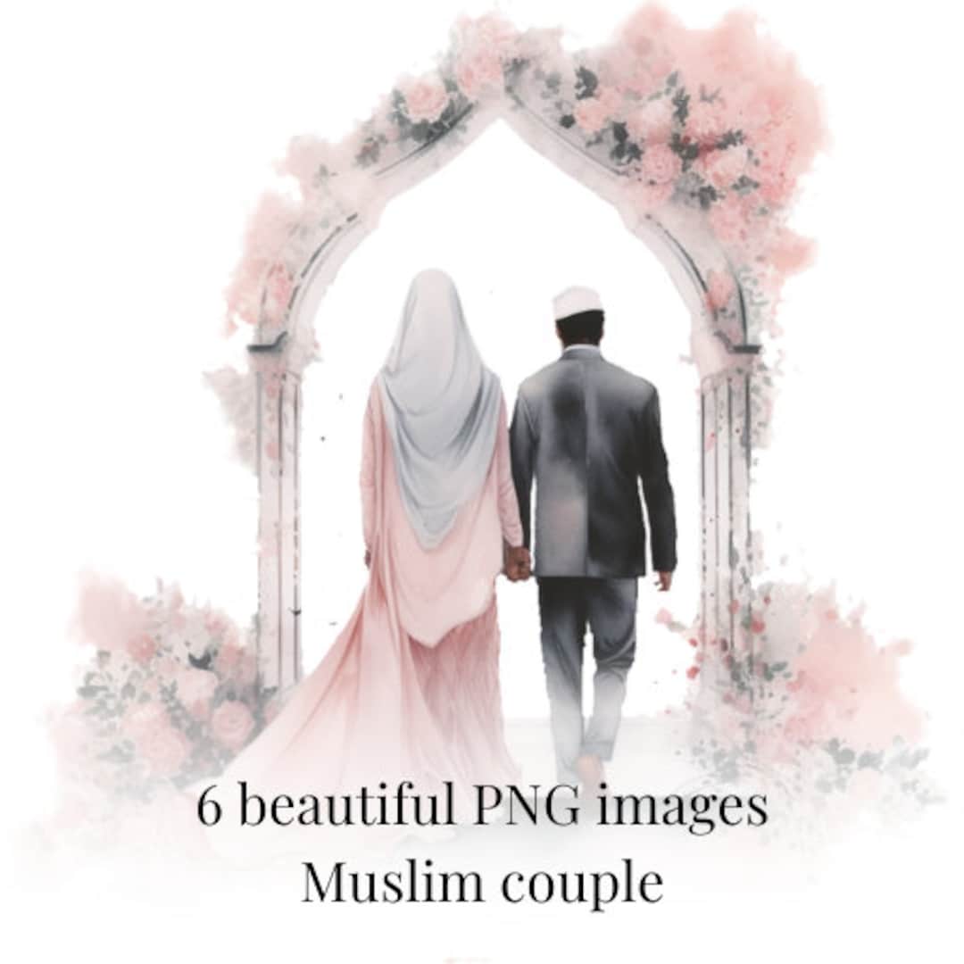 6 Beautiful AI Generated Muslim Couple PNG Clipart in Soft Watercolours ...