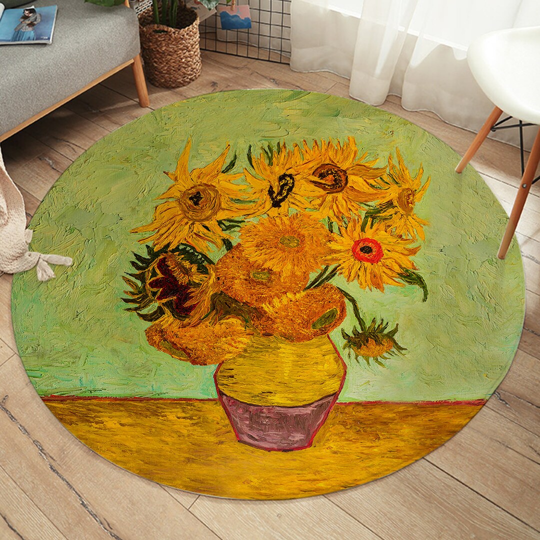 Sunflowers Floor Mat, Van Gogh Floral Round Area Rug, Famous Artwork ...