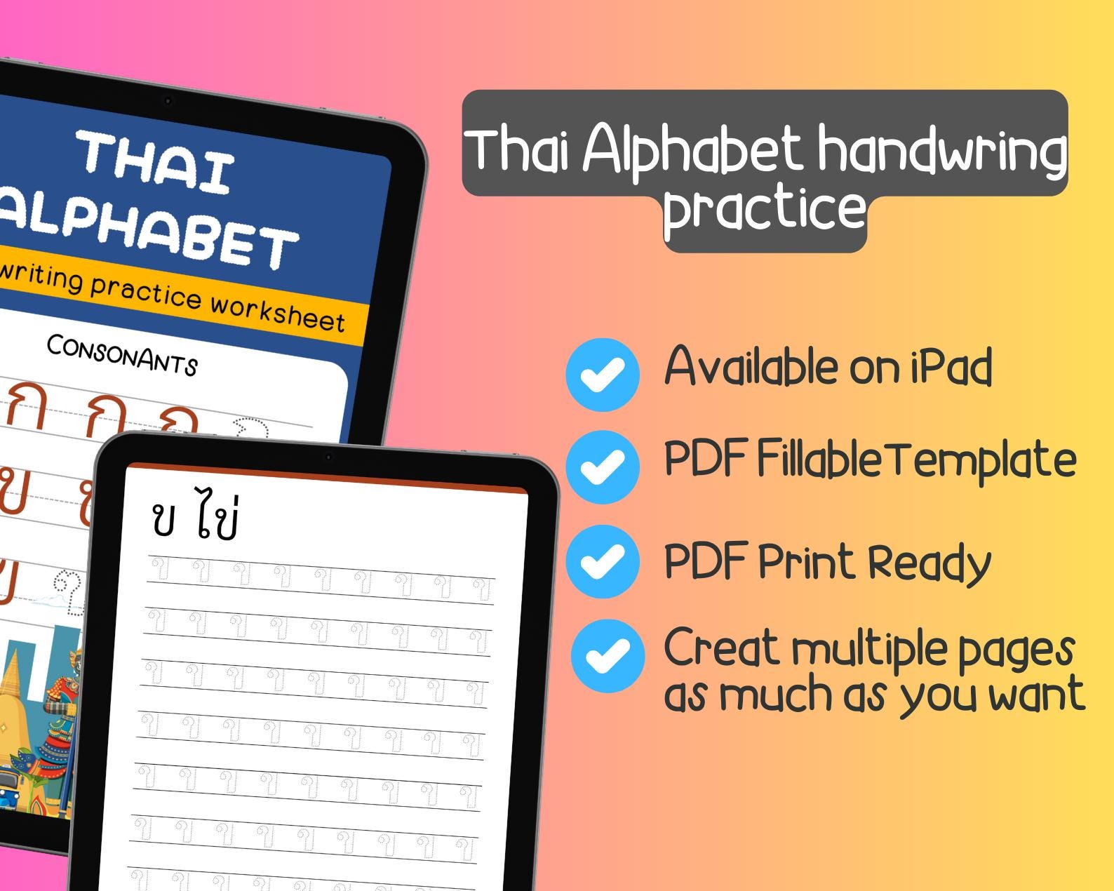 Thai Alphabet Handwriting Practice Worksheet/ 44 Consonant Letters/a4 ...