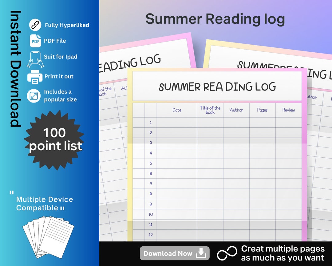 Printable & Digital Summer Reading Tracker 100 Point List - Etsy