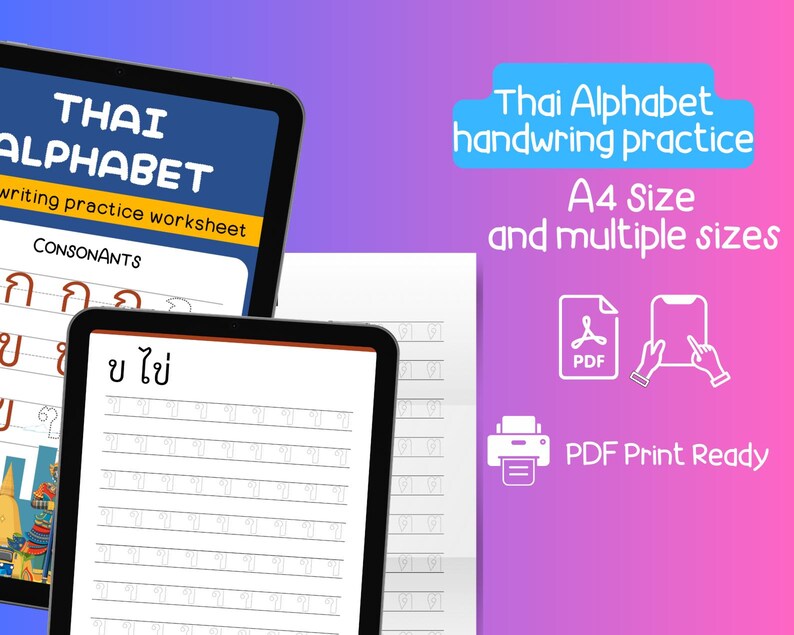 Thai Alphabet Handwriting Practice Worksheet/ 44 Consonant Letters/a4 ...