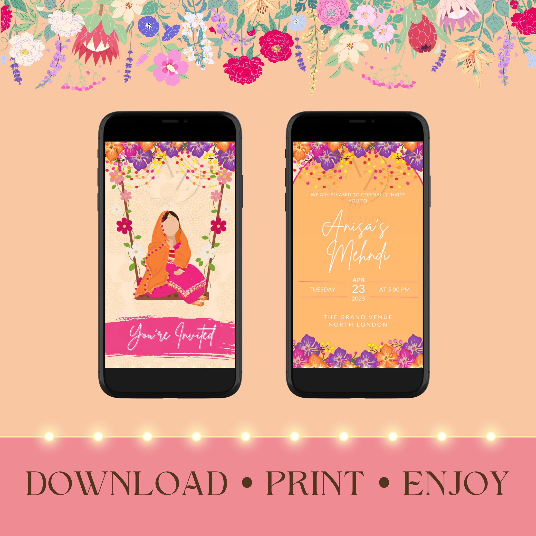 Personalised Digital Mehndi Wedding Invitation, Mendhi E-invite, Dholki ...