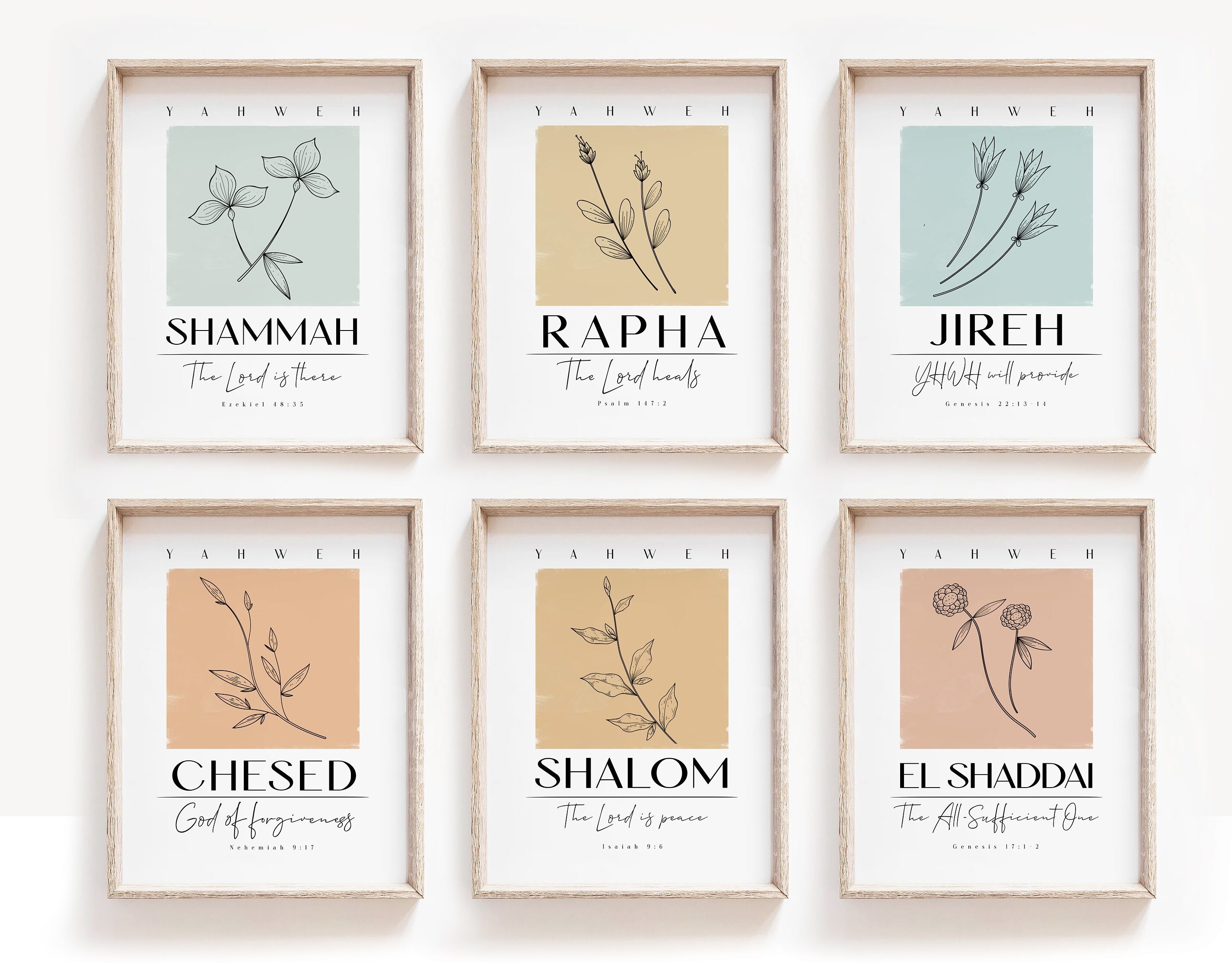 Hebrew Names of God Set of 6 Christian Printable Wall Art, Bible Verse ...