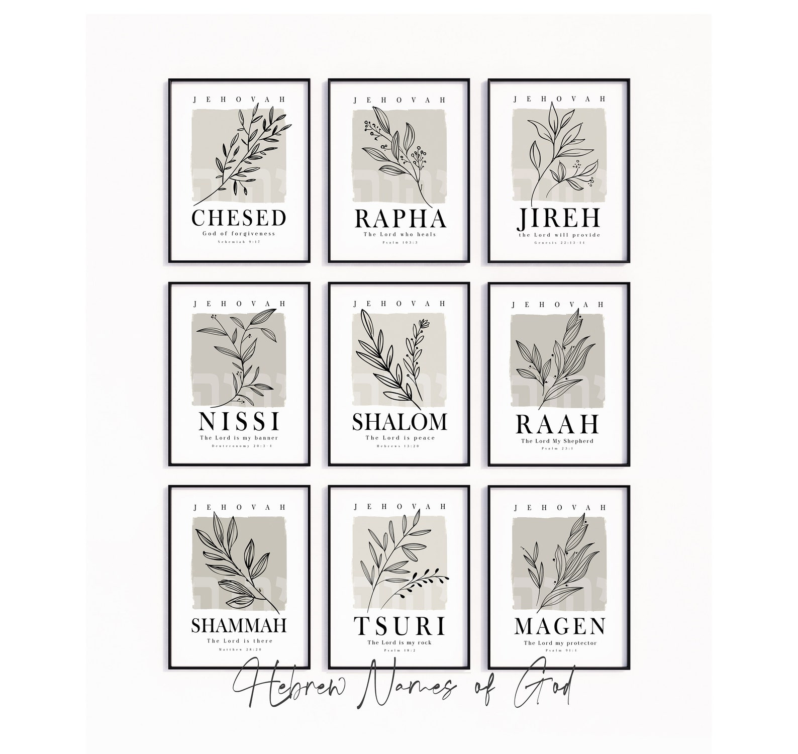 Hebrew Names of God Set of 9 Wall Art Prints, Bible Verse Minimalist ...