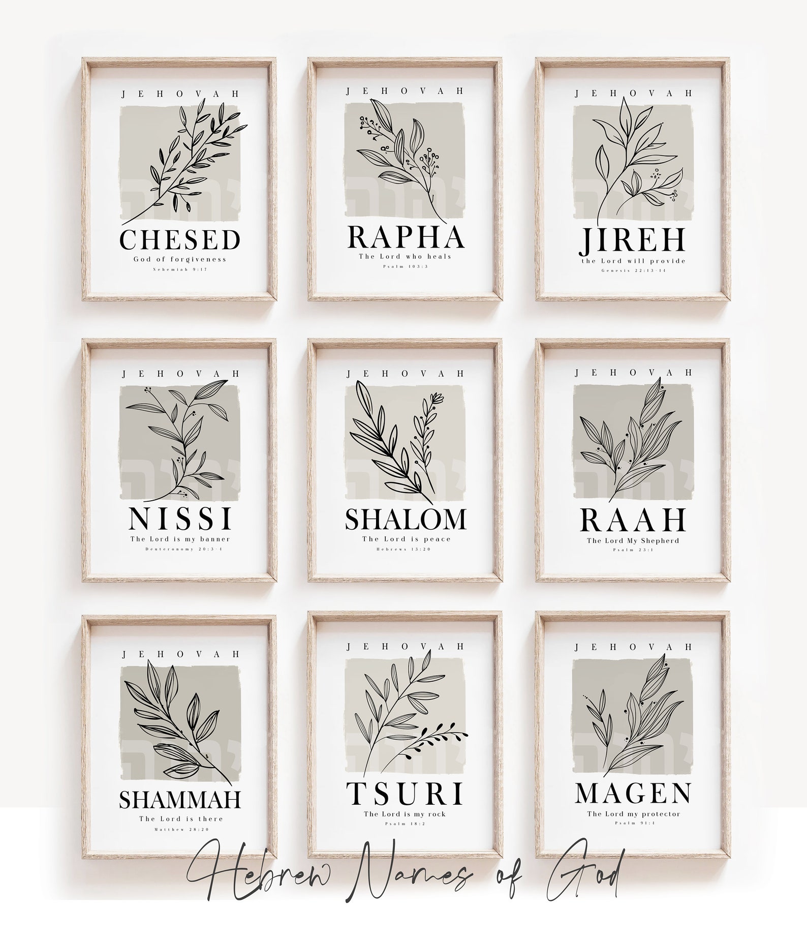 Hebrew Names of God Set of 9 Wall Art Prints, Bible Verse Minimalist ...