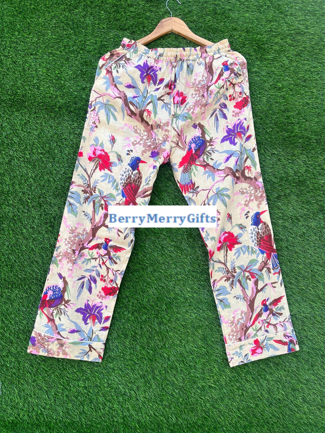Bird Print Cotton Pajama Pants, Women Lounge Pants, Beach Pants, Floral ...