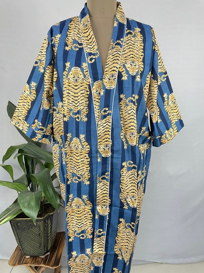 Tiger Print Coton Peignoir Long Taille Nighty Handmade Kimno Sleepwear ...
