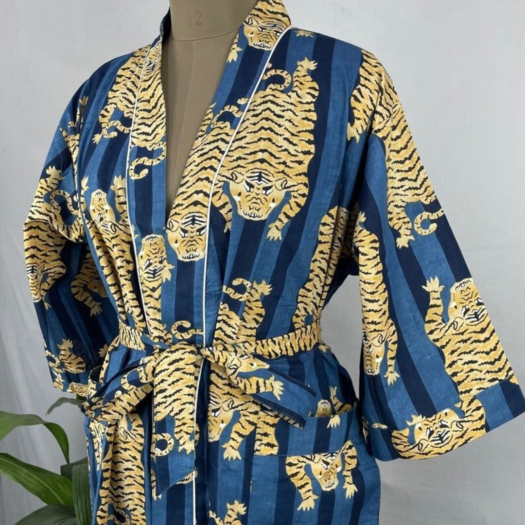 Tiger Print Cotton Bathrobe Long Size Nighty Handmade Kimno Sleepwear ...