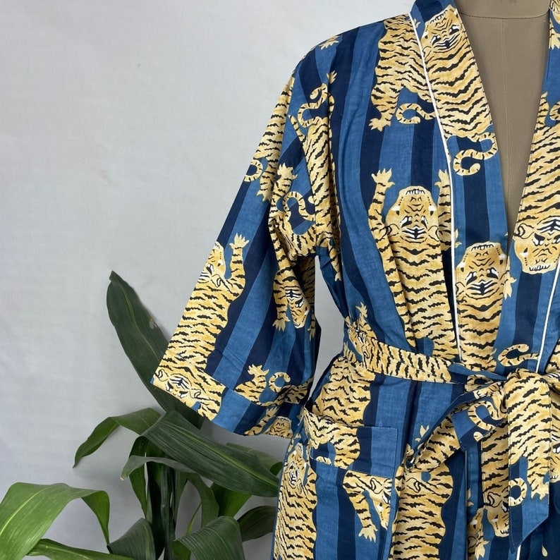 Tiger Print Coton Peignoir Long Taille Nighty Handmade Kimno Sleepwear ...