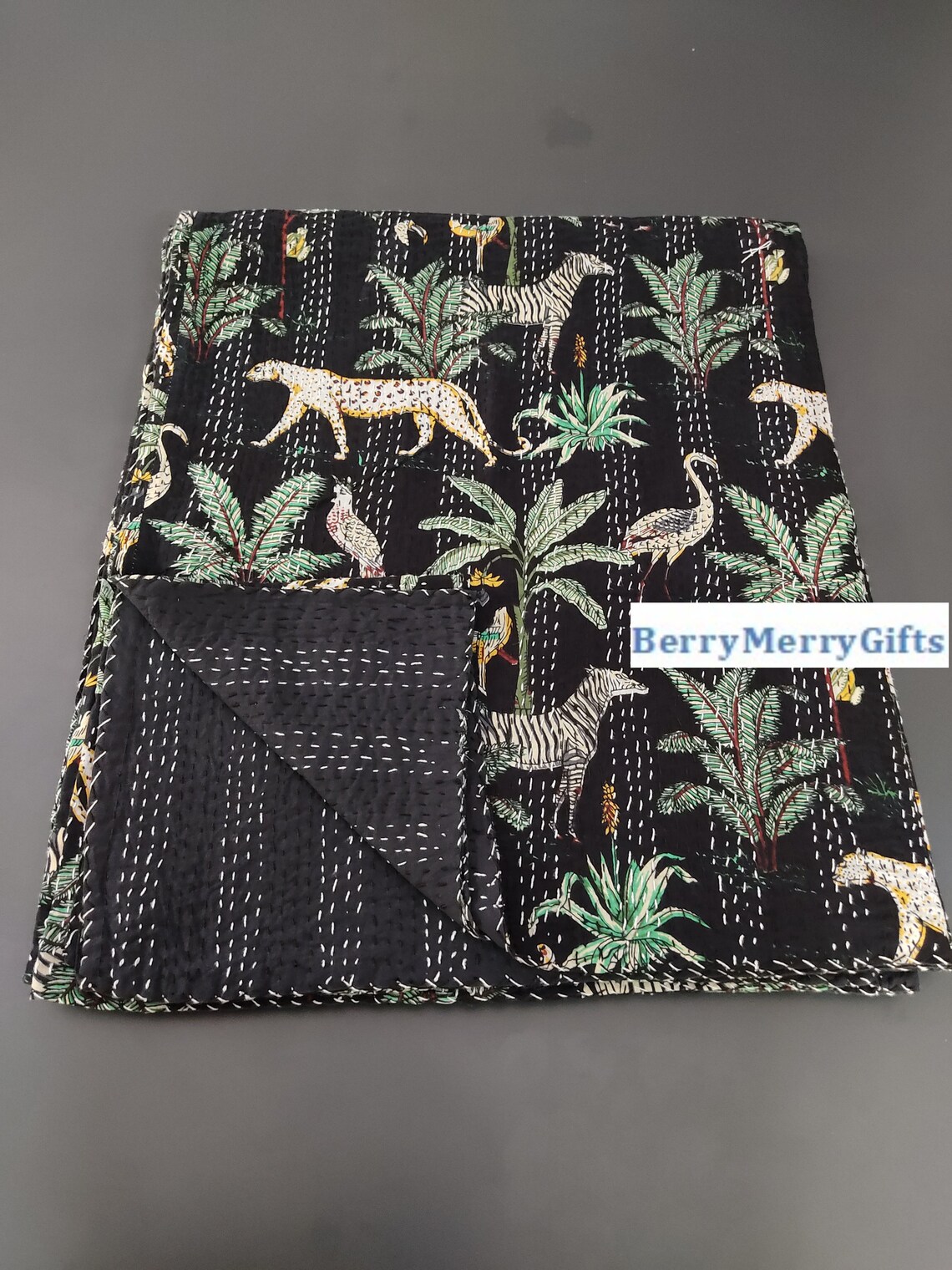 Safari Jungle Print Kantha Quilt: Indian Cotton Bedspread (90x108 ...