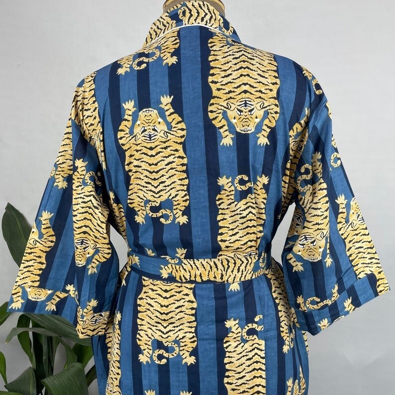 Tiger Print Coton Peignoir Long Taille Nighty Handmade Kimno Sleepwear ...