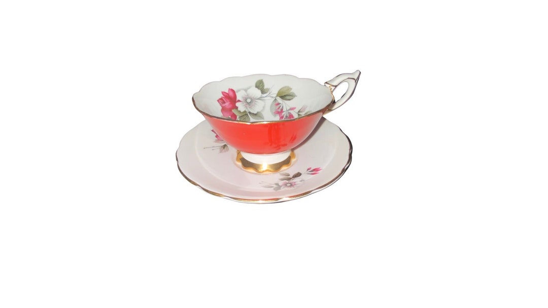 Vintage Royal Stafford Red Floral Bone China Teacup and Saucer - Etsy