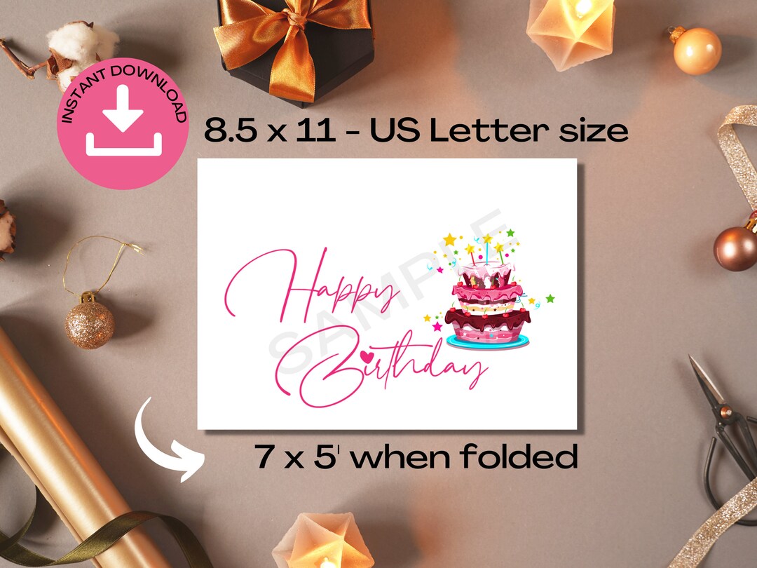 Printable Birthday Card Pink Birthday Cake 7x5 Inch Cards - Etsy
