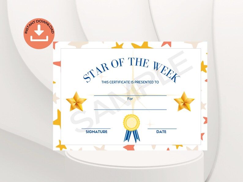 Star of the Week Certificate Printable PDF Children's - Etsy