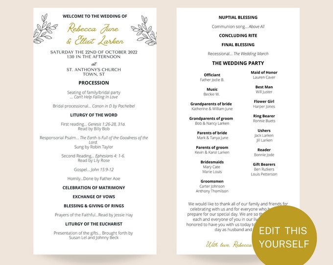 Wedding Ceremony Program Template for a Rustic Wedding, Good for Wedding Timeline and Itinerary ...