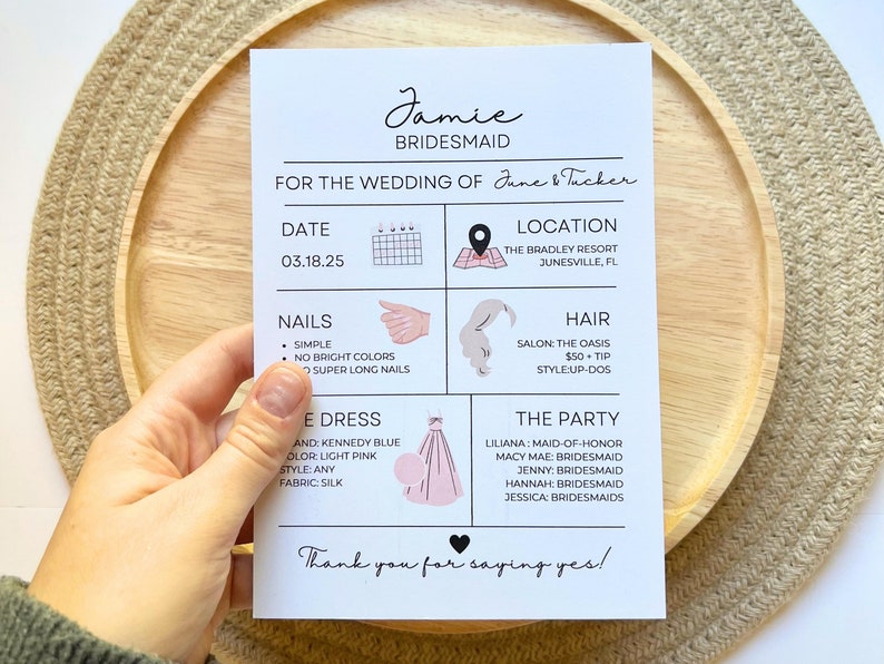 Bridesmaid Proposal Card Printable Bridesmaid Information Card Template ...