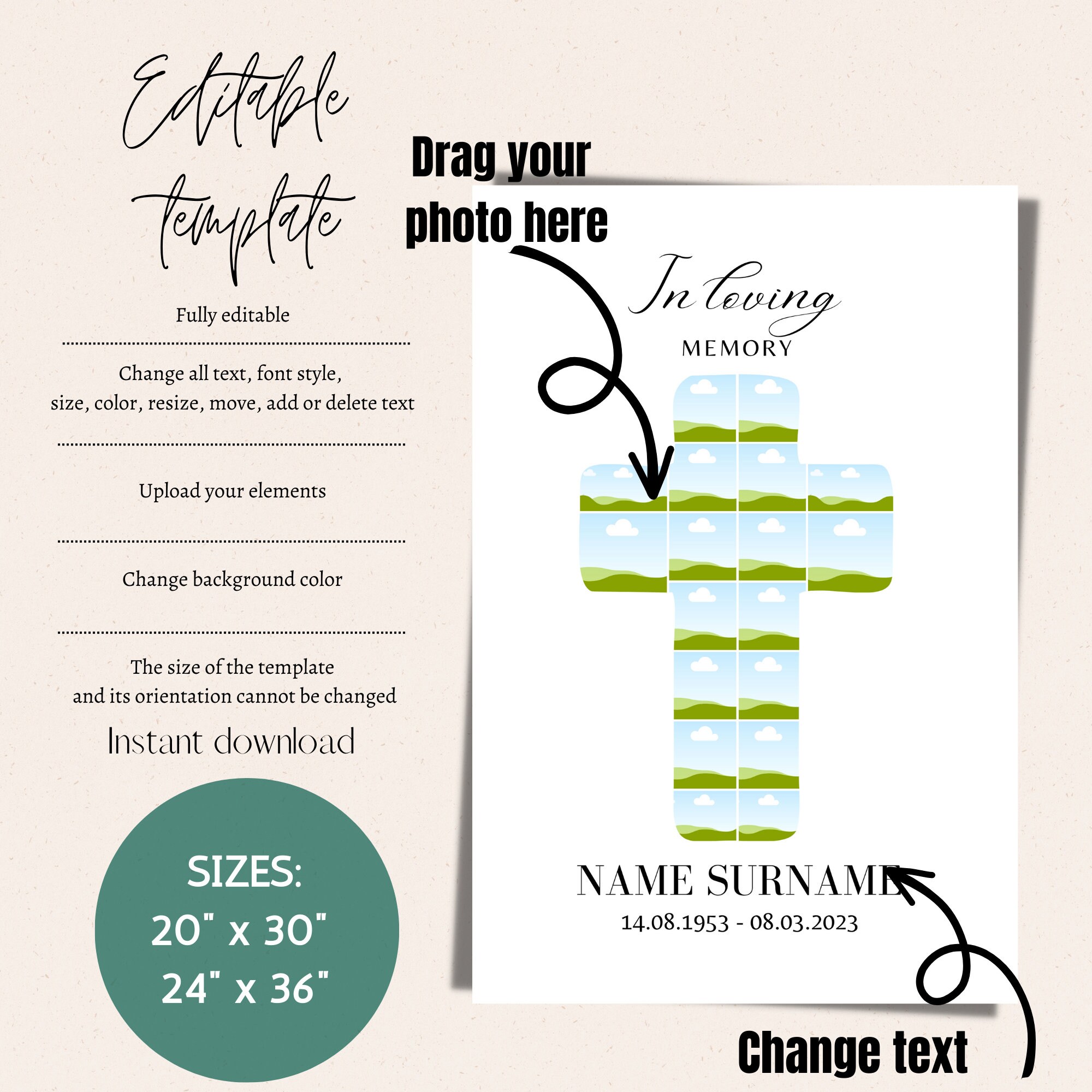 Memory Board Template Funeral Cross Photo Collage Picture - Etsy