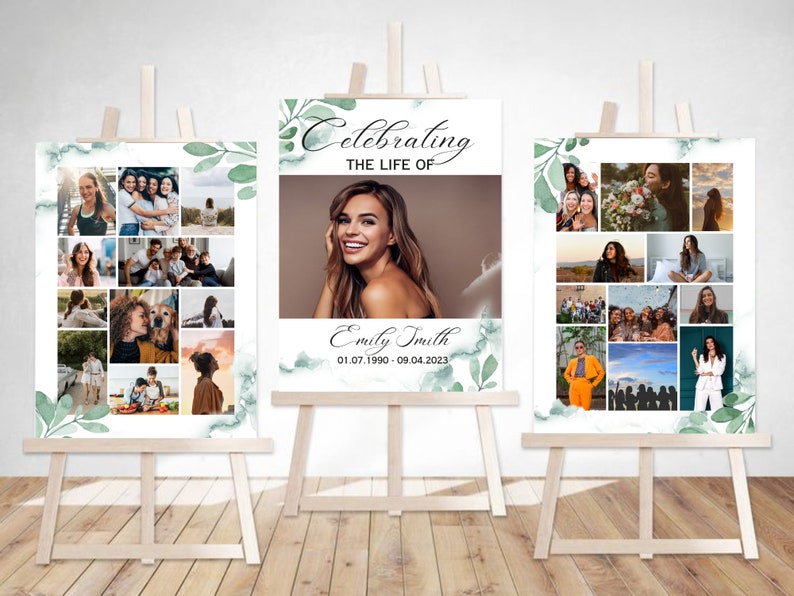 Memorial Service Decor Funeral Sign Collage Templates Set Greenery ...