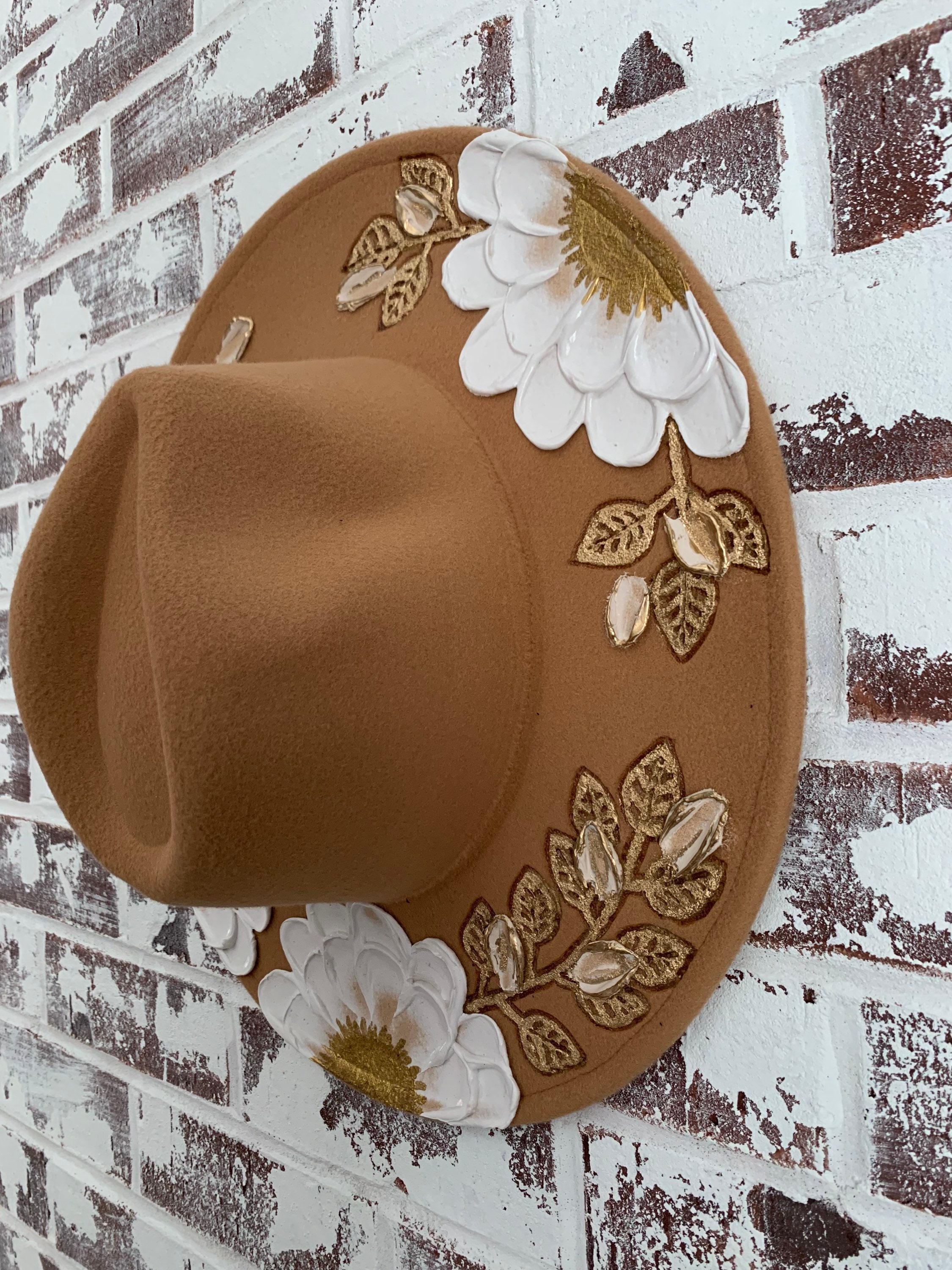 Tan White and Gold Floral Fedora - Etsy