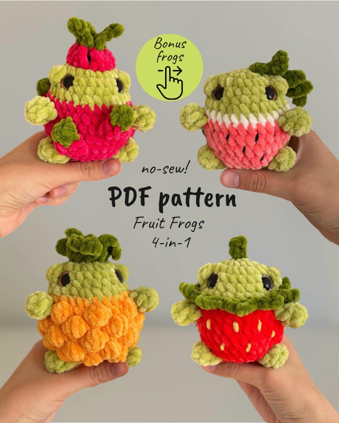 No-sew Fruit Frogs Bundle 4-in-1 Amigurumi Crochet Pattern PDF ...