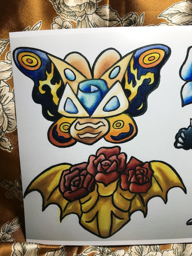 Kaiju Rose Watercolor Tattoo Flash Sheet 8 X 10 Print - Etsy Australia