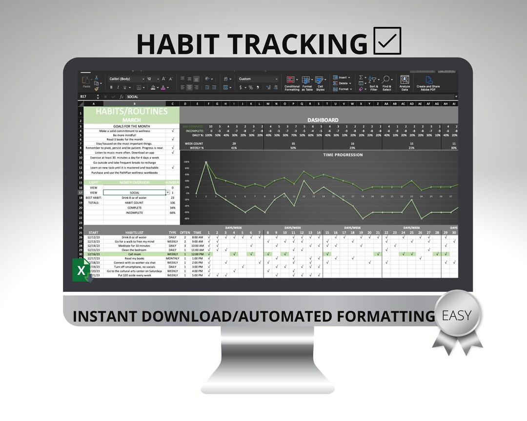 Habit Tracker Excel Spreadsheet Productivity Planner - Etsy